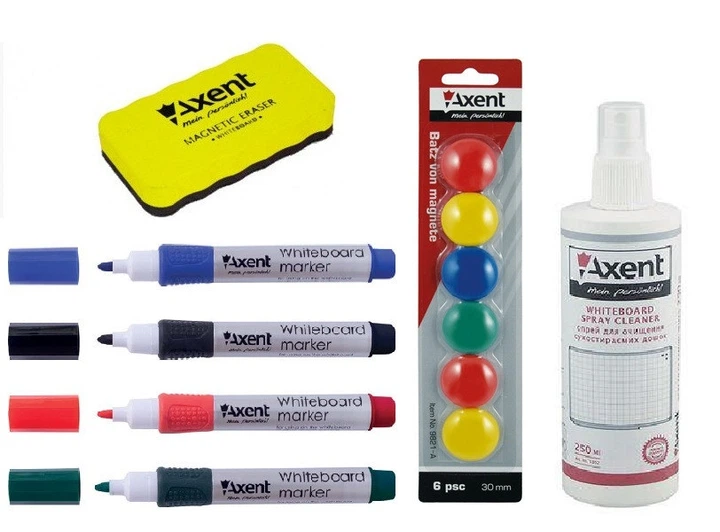 Набір для маркерно-магнітних дошок і фліпчартів Axent (4 -ри маркера , губка, магніти, + СПРЕЙ ...