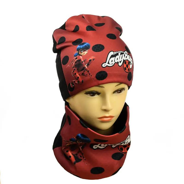 Трикотажный детский комплект на флисе (бафф + шапка) Леди Баг (Lady Bug ...