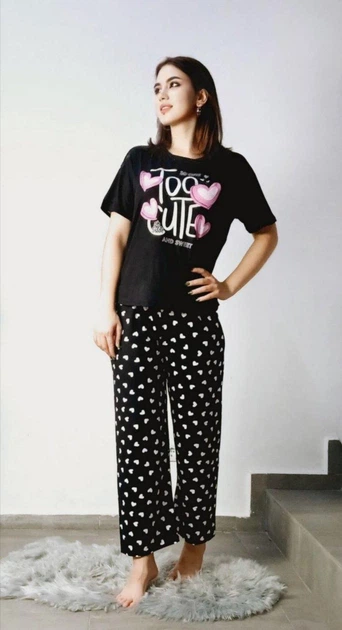 Женская пижама Saimeiqi с футболкой и штанами, черного цвета с принтом сердечки из бамбука ...