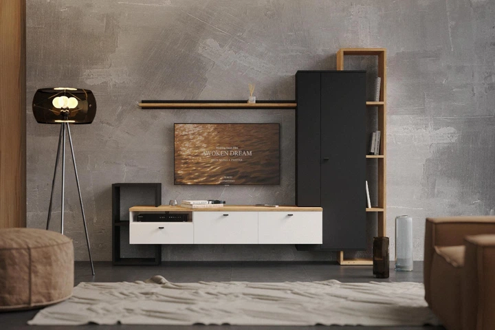 Красива сучасна модерн стінка під тв в зал з шафою та відкритими полками гарнітур під телевізор