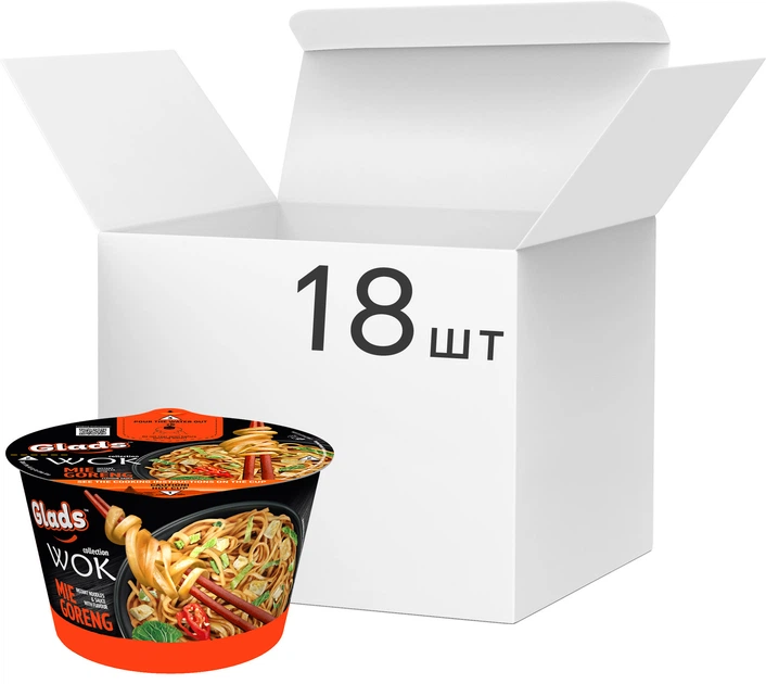Упаковка лапши быстрого приготовления Reeva Glads WOK со вкусом Ми Горенг 95 г х 18 шт ...