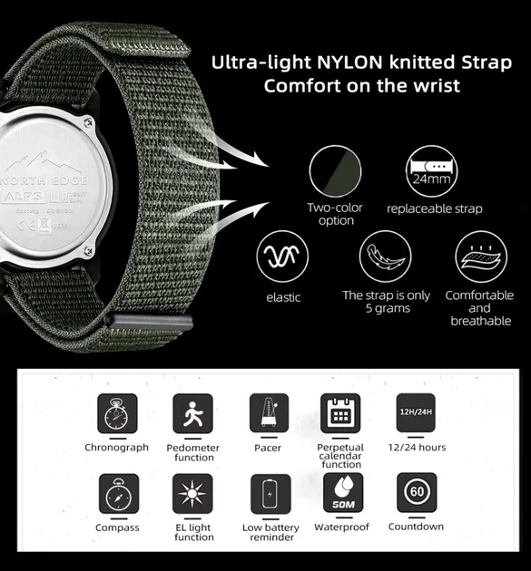 Смарт-годинник NORTH EDGE ALPS Waterproof, Bluetooth, компас, BLACK ...