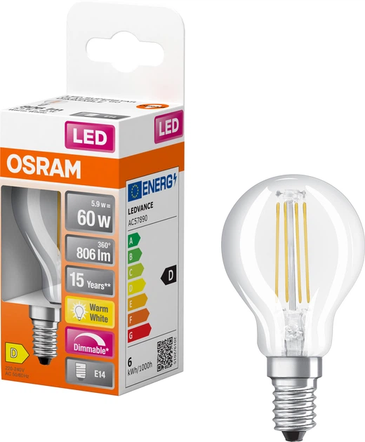 Светодиодная лампа OSRAM Filament P60 DIM 5.9W 806Lm 2700K E14 (4058075447875) – фото, отзывы ...