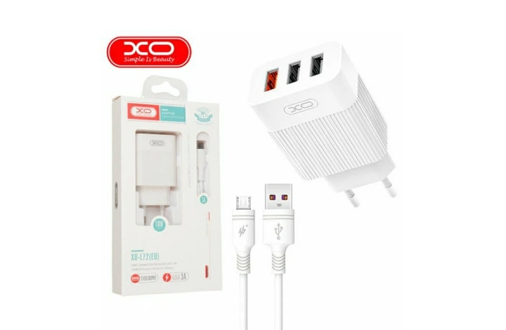 Блок живлення XO-L72 з кабелем Micro - USB / 3 USB / Швидка зарядка Quick Charge 3.0 / Білий ...