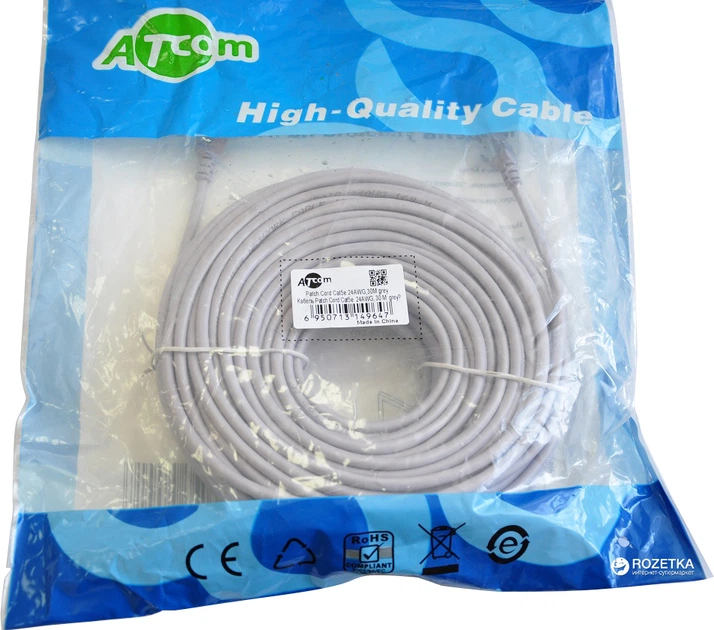 Патч корд Atcom Cat5e Rj45 Utp 30 м Сірий 4964 фото відгуки характеристики в інтернет