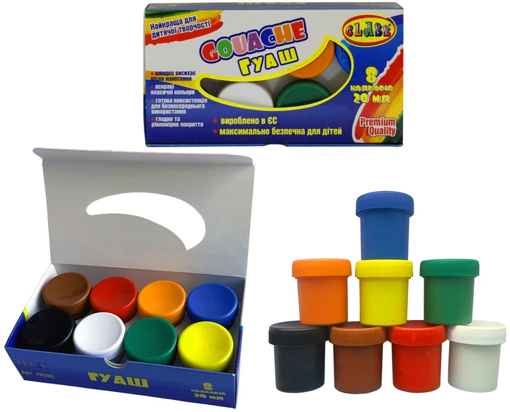 Краски гуашевые Class Premium 8 цветов по 20 мл (7658C) (8591662765809 ...