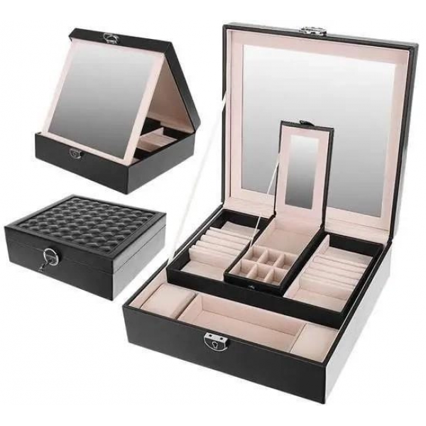 Шкатулка органайзер для хранения украшений из кожзама с зеркалом на ключике черная 25 5 х 25 5 х