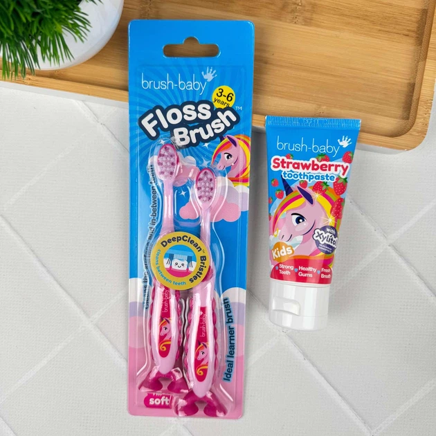 Набір Brush-Baby Floss Brush від 3 років (паста 50 мл + 2 щітки на ...