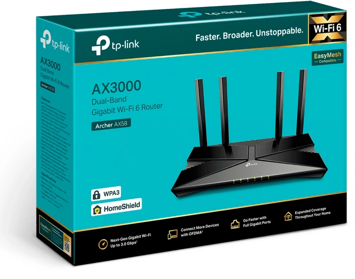 Маршрутизатор TP-LINK Archer AX58 WiFi6 / AX3000 / 1Гбіт/с / Подтримка ...