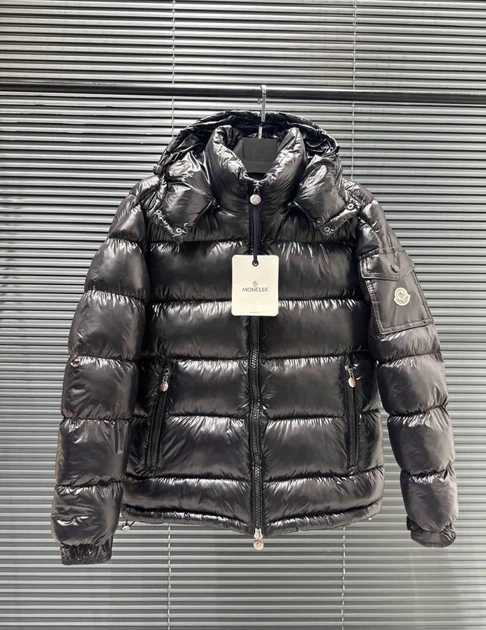 Зимовий пуховик Moncler глянсовий чорний зі знімним капюшоном, розмір L ...