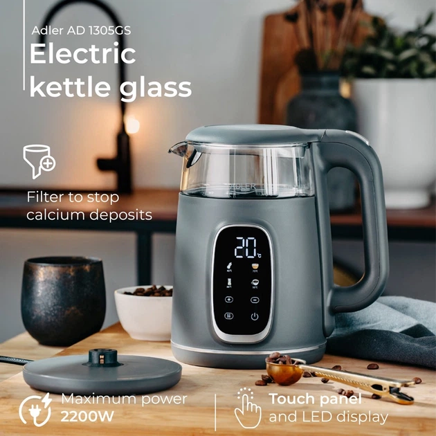 Чайник електричний скляний Adler AD 1305 Grey-Silver 2.2 кВт дисковий з ...