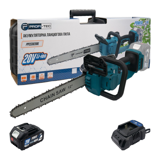 Потужна акумуляторна ланцюгова пила PROFI-TEC PPCS3020BL POWERLine: з АКБ 20V 4.0 Аh, шина 30 см ...