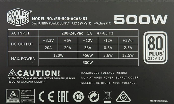 Блок живлення COOLER-MASTER на 500 W ( RS-500-ACAB-B1 ) з ACTIVE-PFC, 80 PLUS 500W ATX Б/В ...