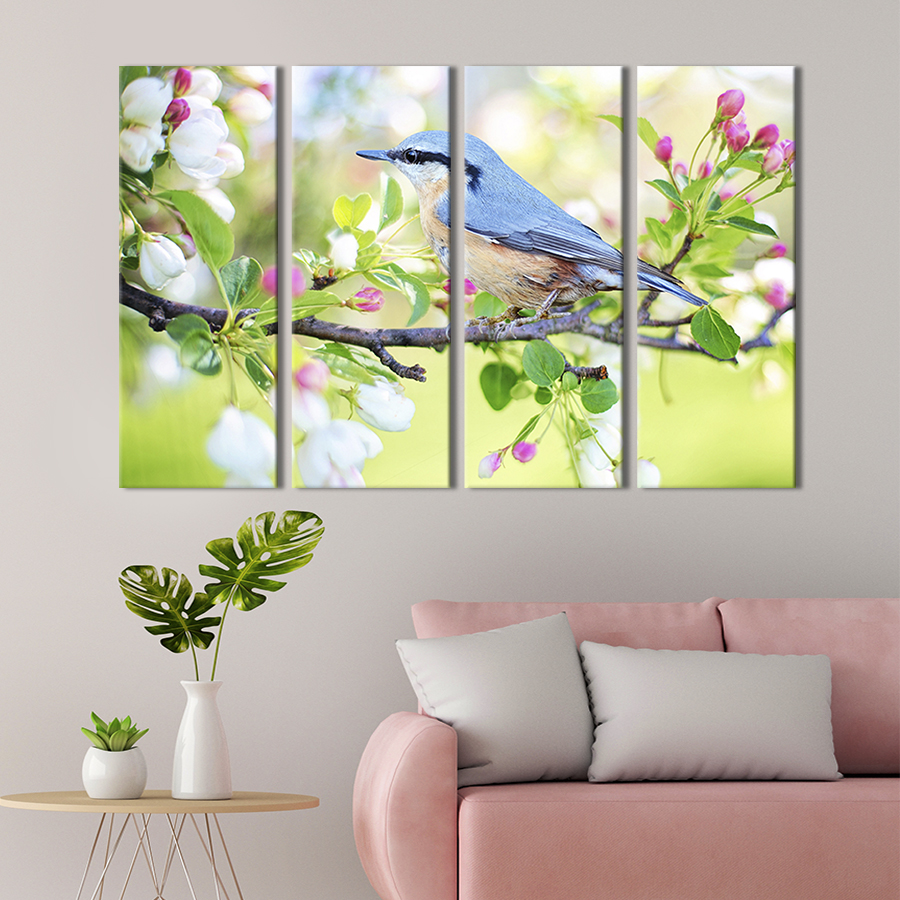 Поліптих Модульна картина на полотні інтерєрна картина Весняний птах на яблучній гілці 209x133