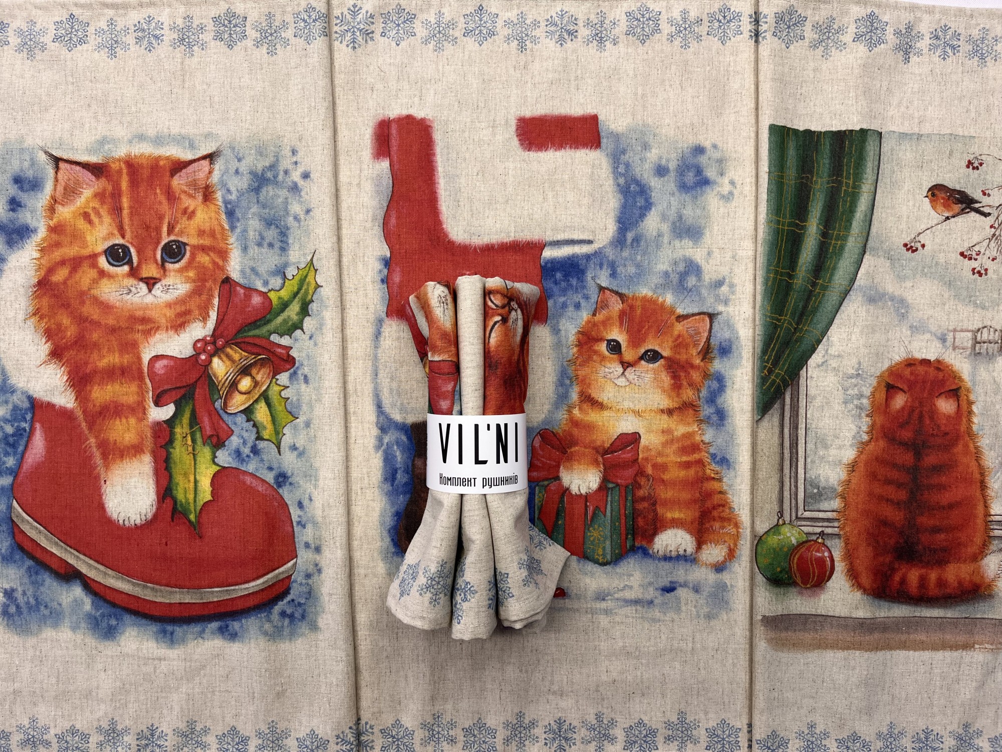 Набір кухонних лляних рушників Котики новорічні 2 45x55 3шт бежевий фото відгуки