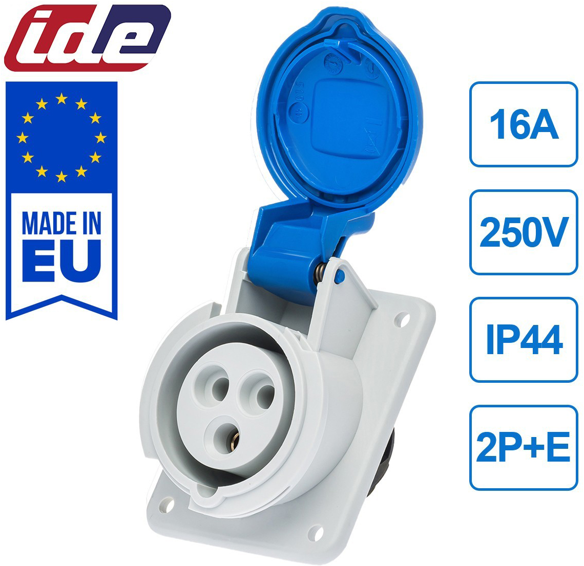 Розетка встраиваемая IDE 16A 250В 2P+E IP44 наклонная силовая Синяя ...