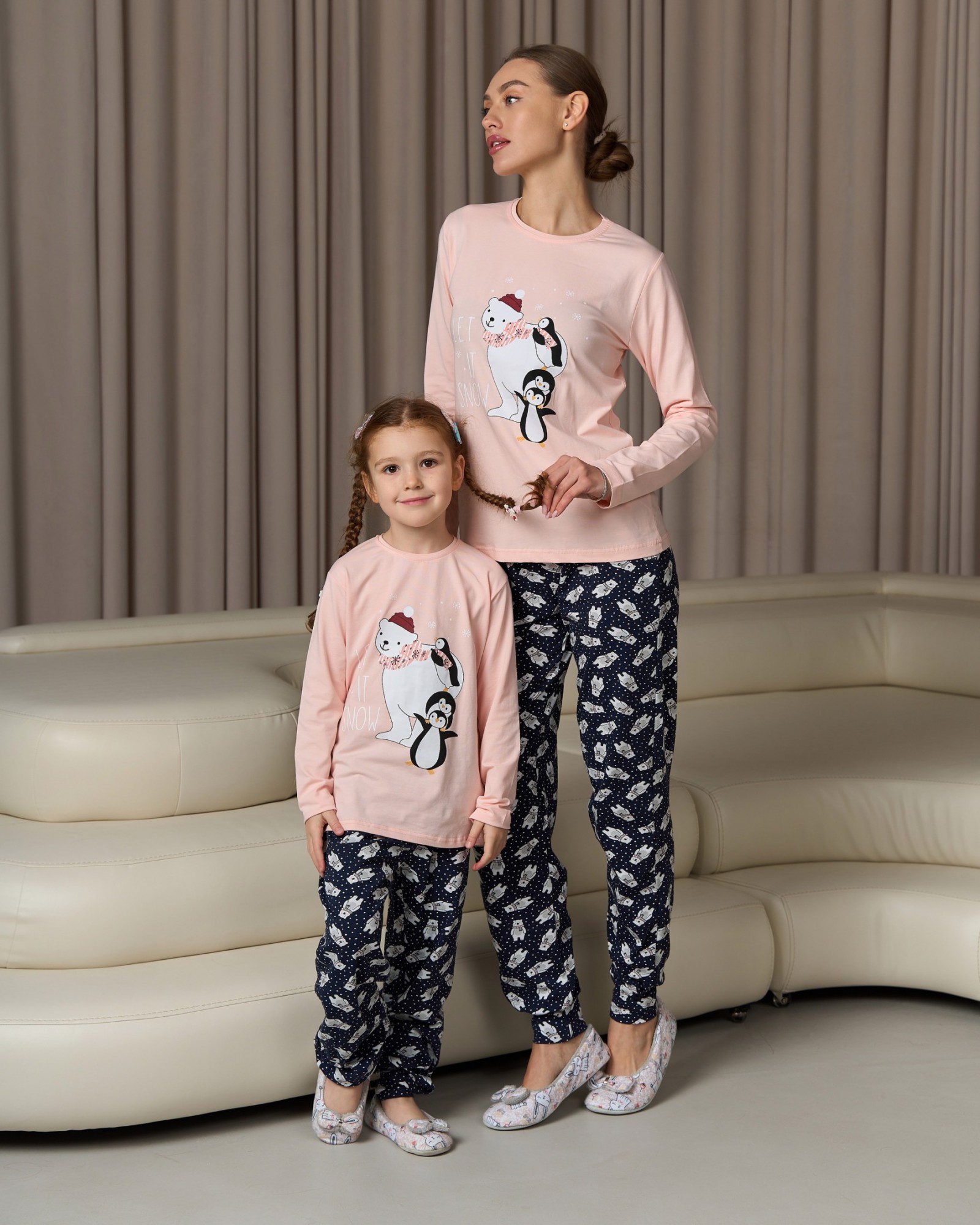 Комплекты новогодних пижам медведь и пингвины - family look для мамы и ...