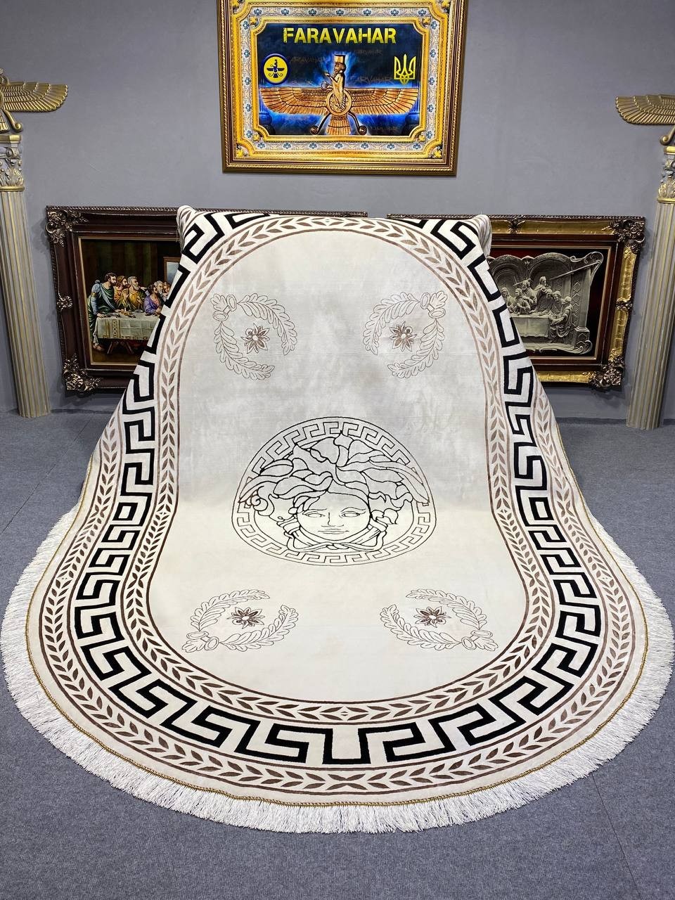 Ковер овальный Faravahar Silk 200х300 см Белый с коричневыми узорами ...