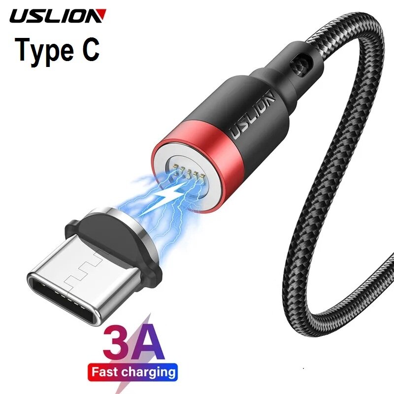Магнітний кабель USLION USB Type-C 3A для швидкої зарядки та передачі ...