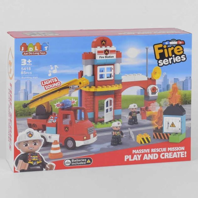 Конструктор JDLT 5418 (12/2) "Пожежна станція", 85 деталей, світло, звук, в коробці – фото ...
