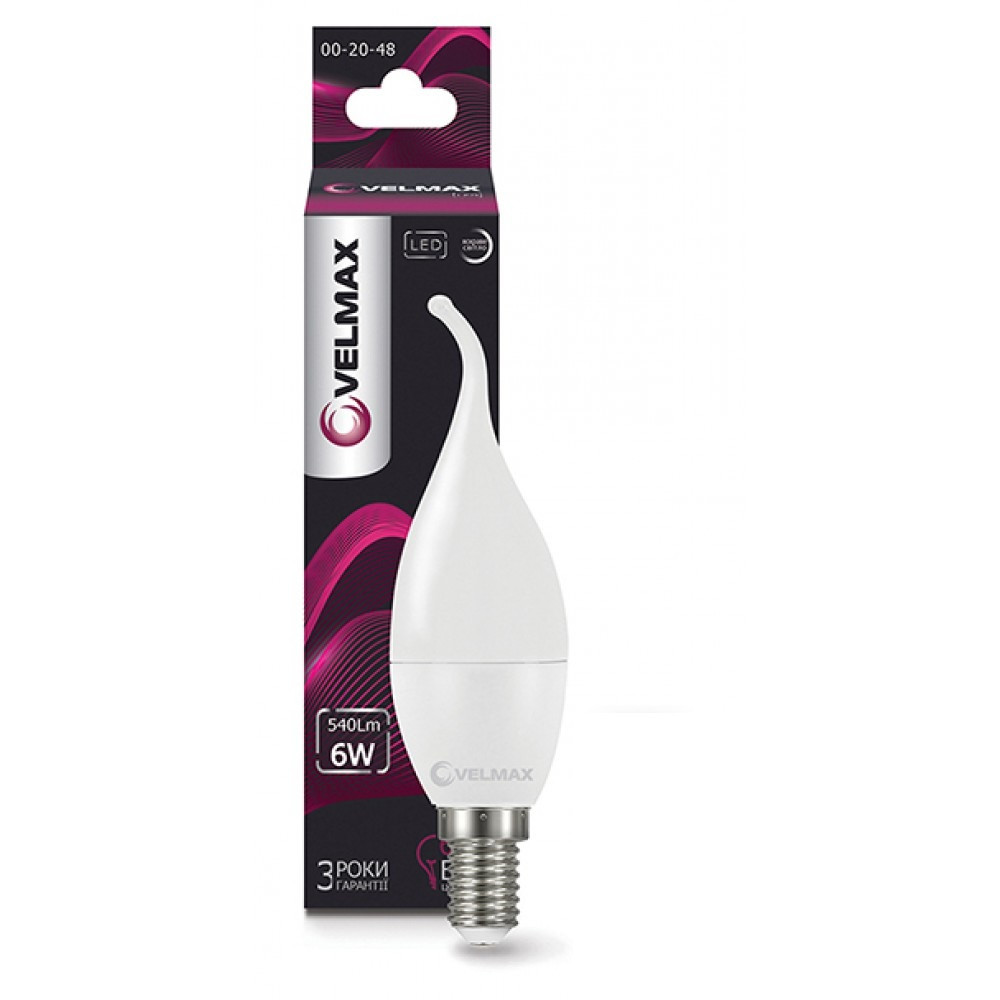 LED лампа 6W свічка на вітрі Velmax V-C37t E14 4100K 540Lm кут 260 ...
