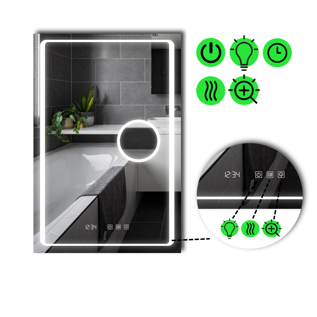 LED-зеркало 60x70см, с тремя сенсорами, часами, подогревом и линзой с ...