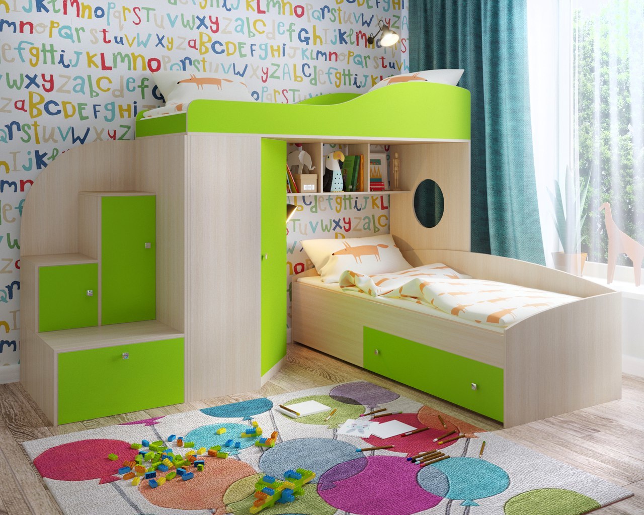 Кровать - чердак двухместная WoodMart КЧД 102 Лайм + Бежевый – низкие ...